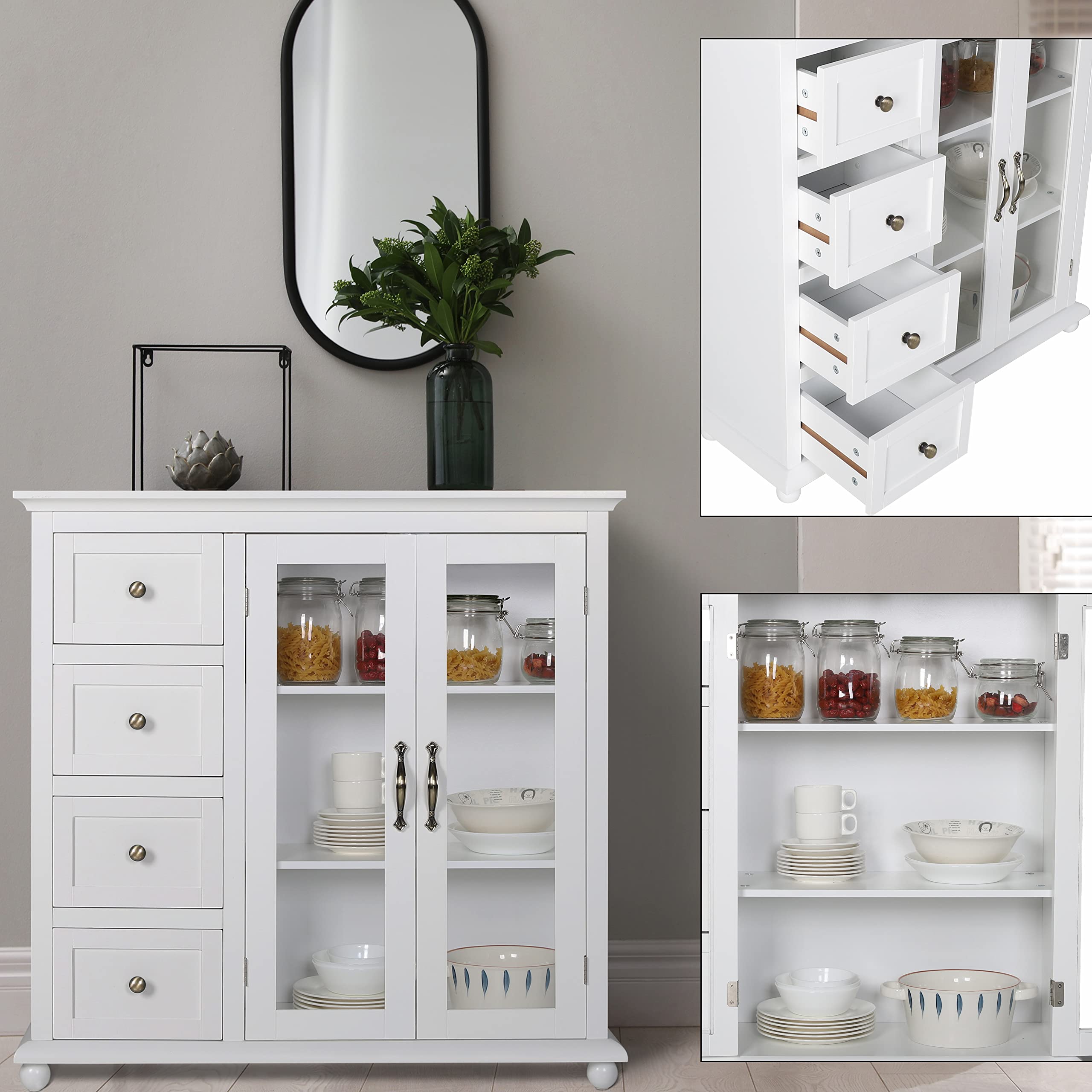 MUPATER Kitchen Buffet Sideboard Storage Cabinet, Floor Cupboard Cabinet with 2 Glass Doors and 4 Drawers for Home Dining Room, Living Room and Entryway, Dark Grey