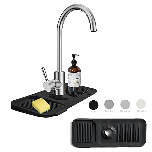 MOODKEY Kitchen Sink Splash Guard Sponge Holder for Kitchen Sink Silicone Faucet Handle Drip Catcher Tray Sink Protector for Kitchen Sink Faucet Mat Fits the Faucet Tube within 2.5"(Off-white, 14.6'')