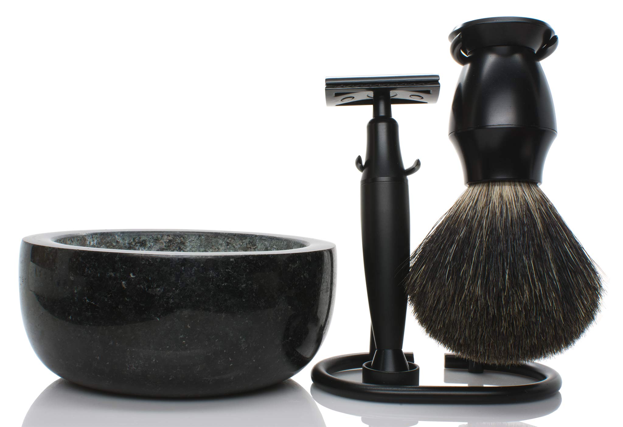 Maison Lambert black edition marble shaving set: shaving stand, safety razor, badger shaving brush and real marble shaving bowl