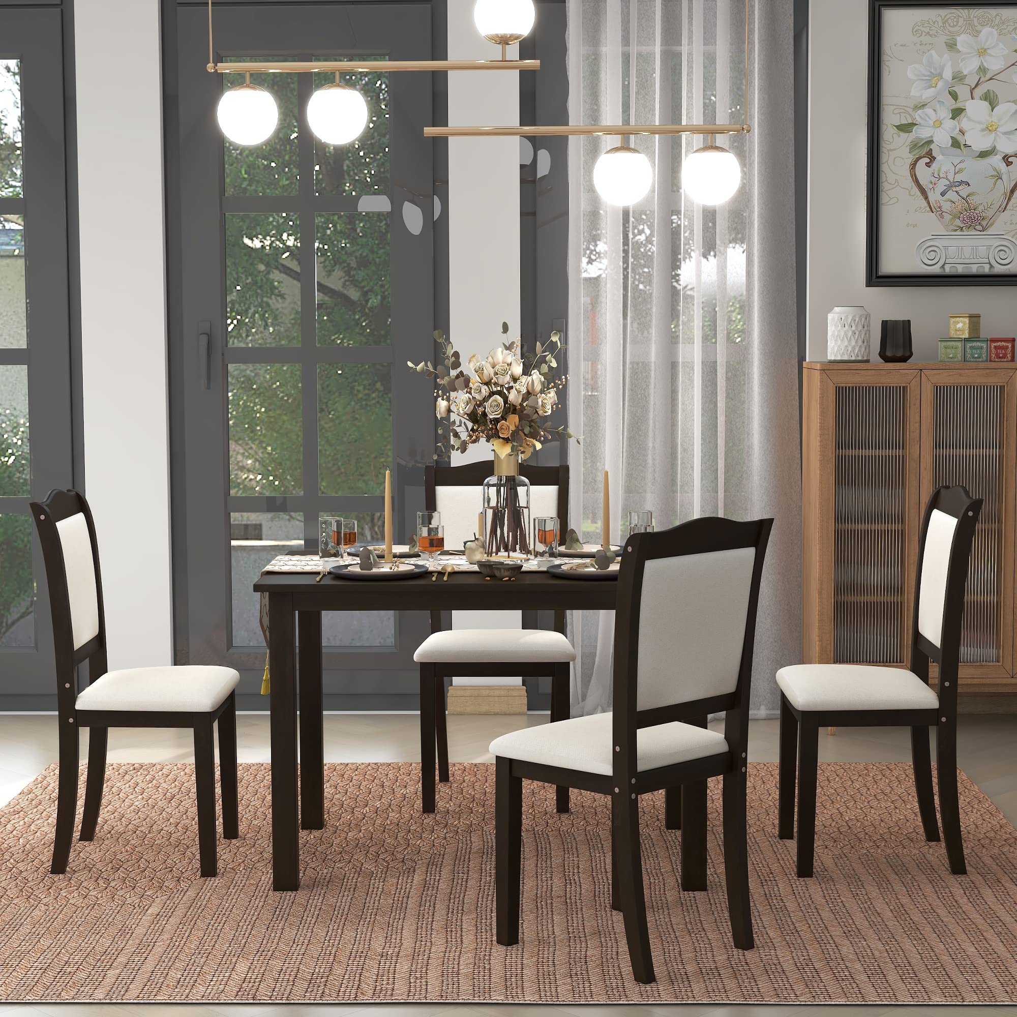 LCH 5-Piece Wooden Furniture Sets, Simple Style Rectangular Table Suit W/4 Upholstered Chairs for Home Compact Space Kitchen & Dining Room Breakfast, Lunch and Dinner (Espresso)