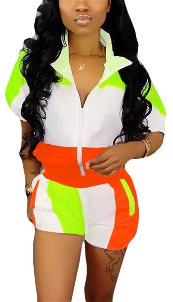 Molilove Women 2 Piece Windbreaker Tracksuit Zip Jacket Crop Tops and Shorts Pants Tracksuit Outfits