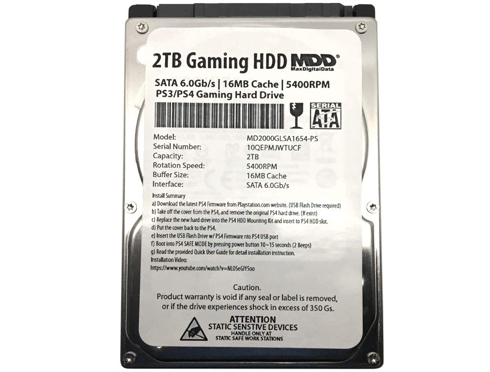 MaxDigitalData (MD2000GLSA854-PS) 2TB 5400RPM 8MB Cache (9.5mm) SATA 6.0Gb/s 2.5" Gaming Hard Drive (for PS4) - 2 Year Warranty