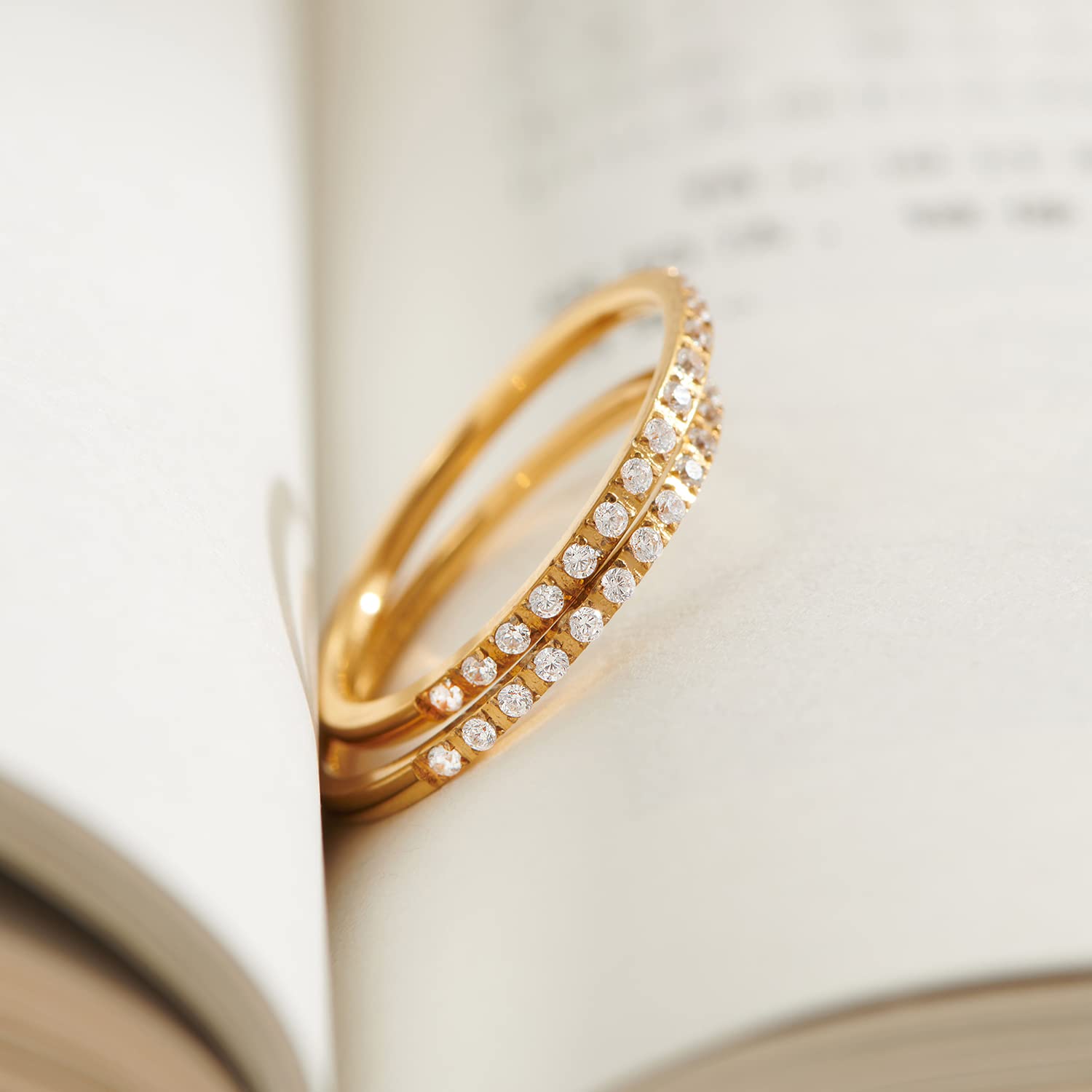 NOKMIT 1.5mm 2Pcs 14K Gold Half Eternity Ring for Women Thin Cubic Zirconia Stacking Engagement Bands Comfort Fit Size 5-10 (Gold-14CZ, 9)