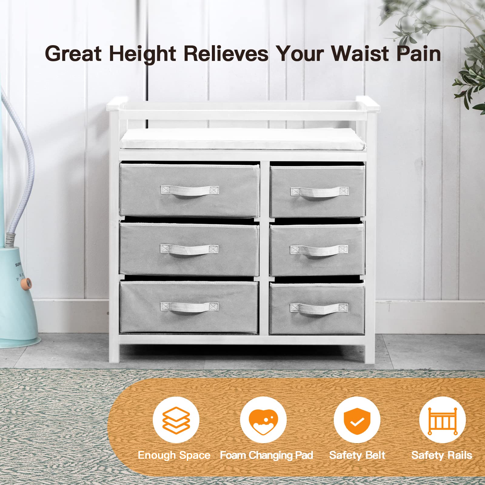 MOOITZ Baby Changing Table Dresser with 6 Storage Baskets, Can be Used as a Baby Changing Tables with Changing Table Top, a Baby Changing Station, a Diaper Changing Station (White)