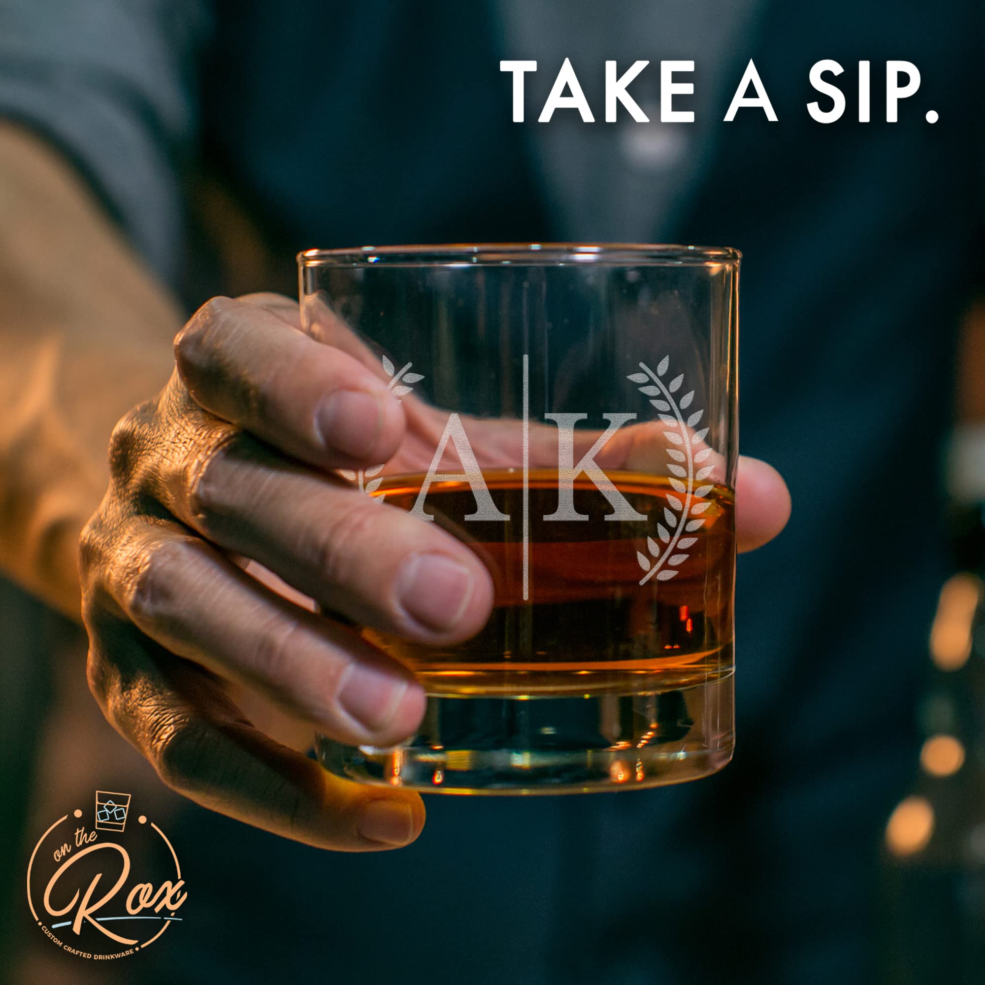 On The Rox Drinks Personalized Whiskey Gifts for Men - 11 oz Engraved Split Monogrammed Whiskey Glass Set of 2 - Customized Cocktail Glass - Bourbon, Scotch, Rocks, Brandy