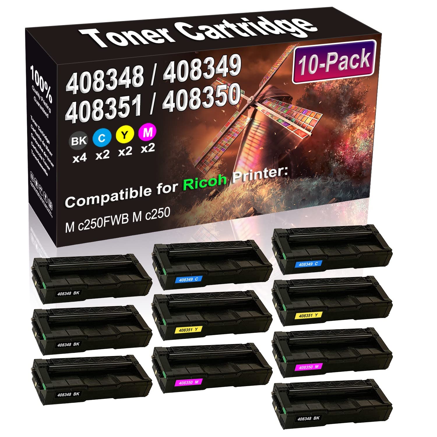 Kolasels 10-Pack (4BK+2C+2Y+2M) Compatible M c250FWB M c250 Toner Cartridge Replacement for Ricoh M C250 408348 408349 408351 408350 Printer Toner Cartridge (High Capacity)