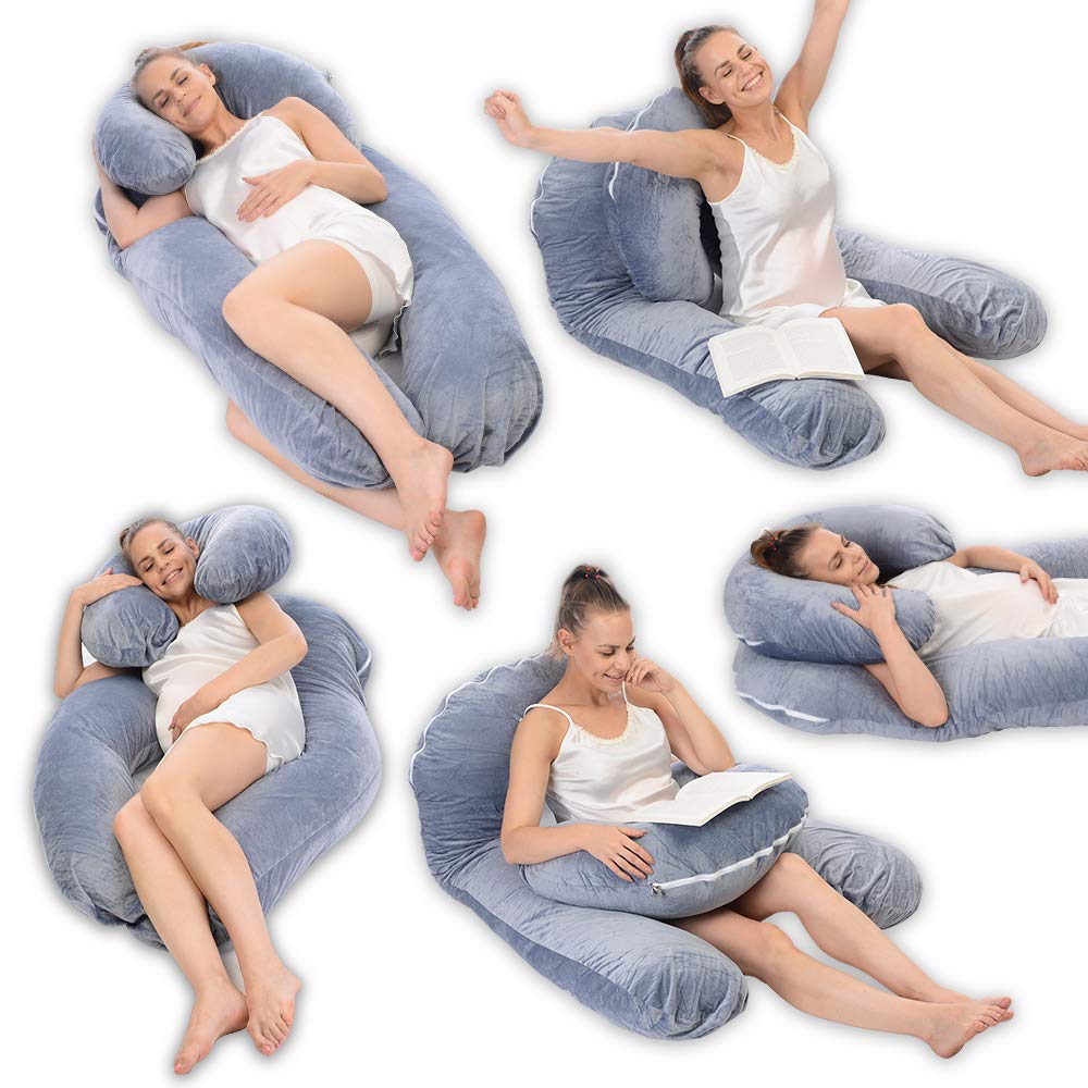 MANDZIXIN Pregnancy Pillow, Maternity Body Pillow with Velvet Separate Support Pillow and Removable Cover,Side Sleeping and Back Hips, Legs, Belly Support for Pregnant Women (Grey, U Shaped)
