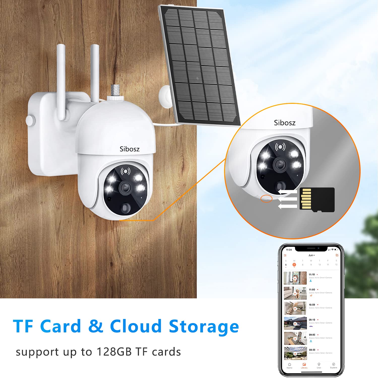 Sibosz Wireless Security Cameras, Solar Powered Surveillance PTZ Camera Outdoor 2.4GHz WiFi with 1080p HD 360° View Two-Way Audio PIR Motion Detection Night Vision SD Card/Cloud Storage