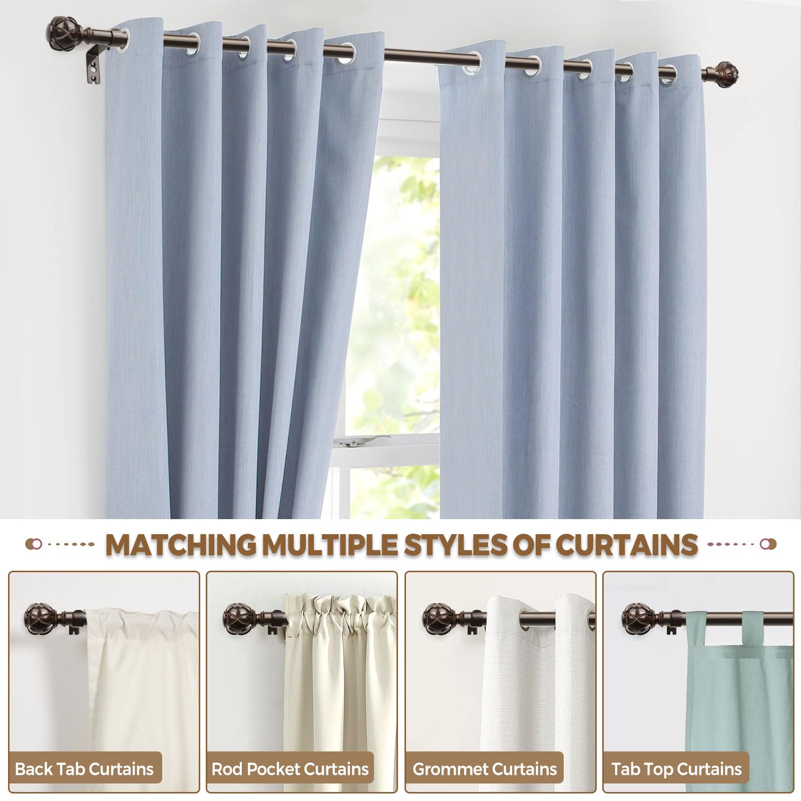 KAMANINA Single Curtain Rod 32 to 58 Inch(2.6-4.8Ft), 7/8 Inch Antique Bronze Adjustable Drapery Rod for Windows, Decorative Netted Texture End