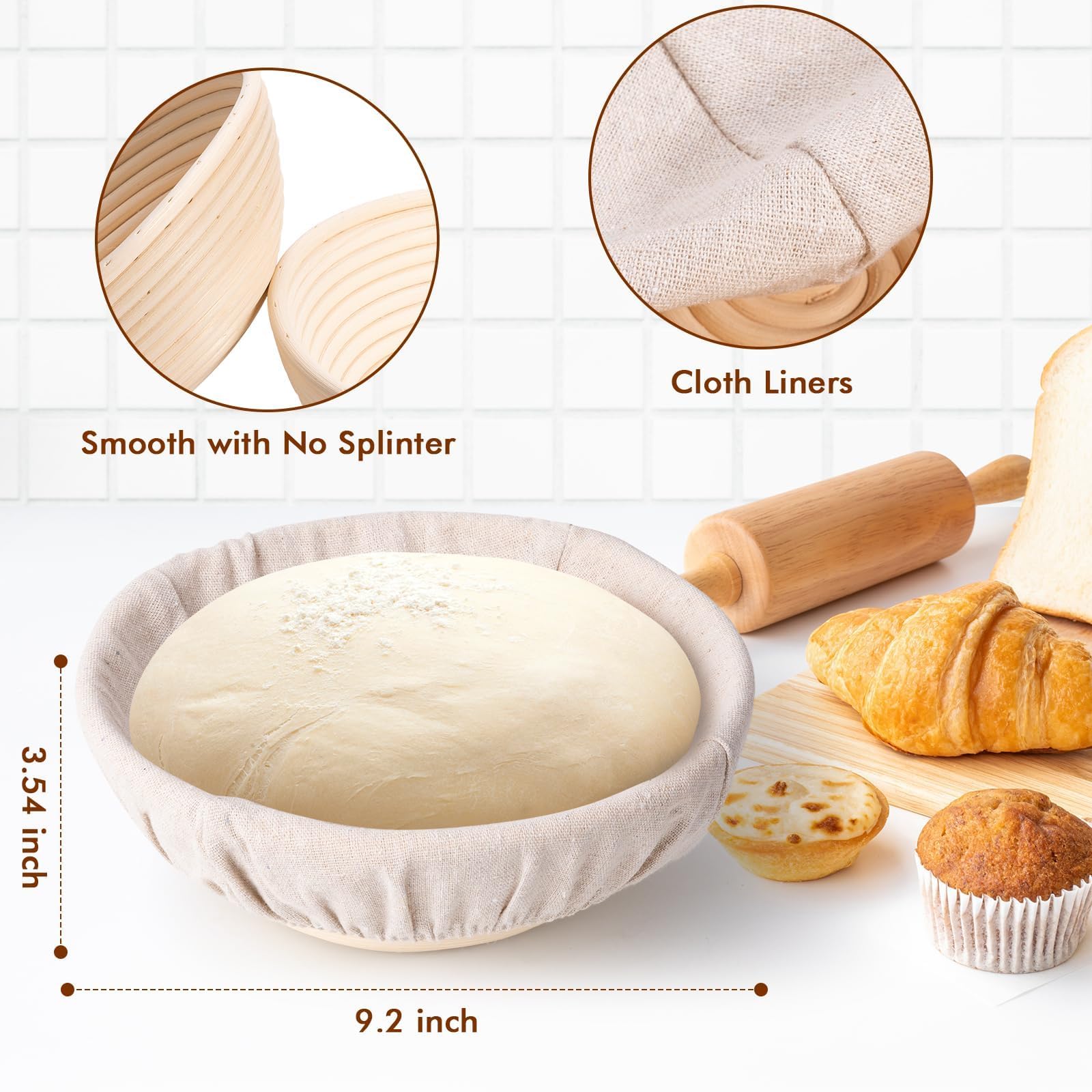 Sourdough Bread Proofing Banneton Basket Set of 2-9 Inch Round Baskets for Baking and Rising, Bread Bowls Set for Sour Dough Bread Making Starter Kits Supplies and Tools