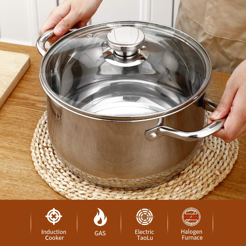 Stock Pots,5 QT Stainless Steel Saucepot with Glass Lid Silver Anti-scalding Handle Stockpot By DERUI CREATION (5QT(9.45โx6.10โ), Silver)