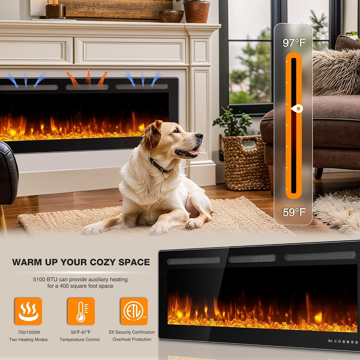 Manastin 50" Electric Fireplace Insert Ultra-Thin Recessed Wall Mounted Fireplace Insert 750/1500W Adjustable Flame Linear Fireplace Heater with 12h Timer/Remote Control/Touch Screen/Crystal Stone