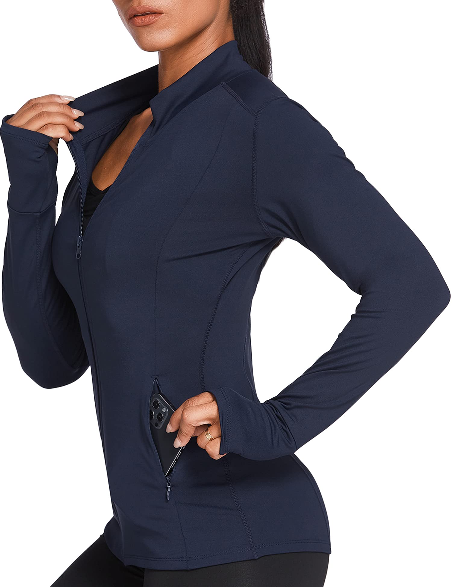 PINSPARK Women's Track Jacket Athletic Workout Running Jacket Full Zip Up Sportswear Lightweight Tops Navy Blue M