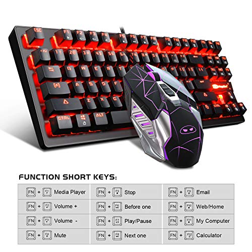 Mechanical Gaming Keyboard and Mouse Combo & Large Mouse Pad,Mechanical Keyboard 87 Keys Small Compact LED Backlit - MK1 Wired USB Gaming Keyboard with Blue Switches, for Windows