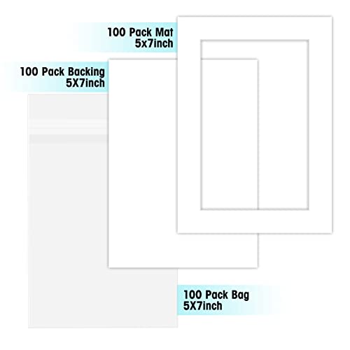 Pack of 100 5x7 WHITE Picture Mats Mattes with White Core Bevel Cut for 4x6 Photo + Back + Bags