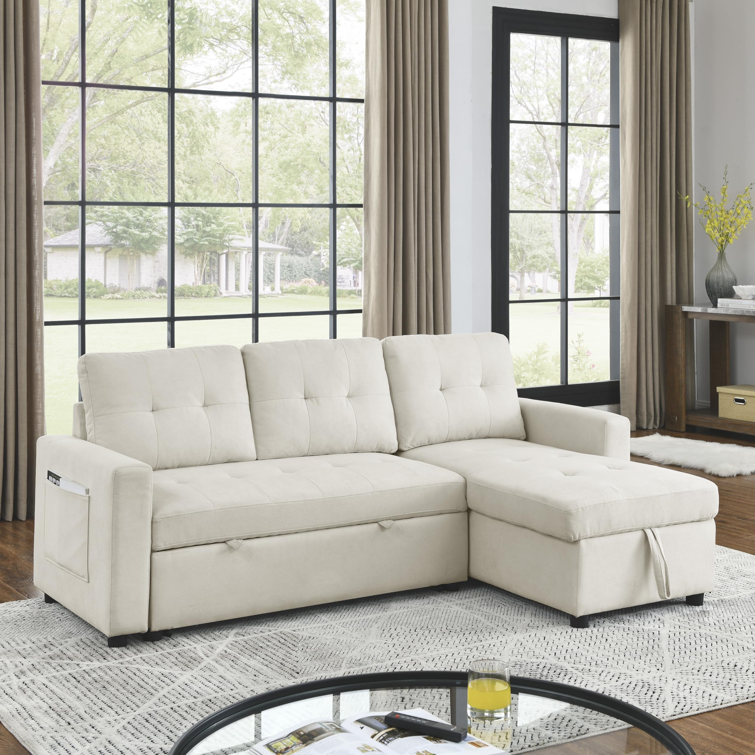 XZTUAJ 78" L Shaped Couch Sofa,3 Seater Couch Reversible Sleeper Sectional Sofa with Pull-Out Bed,Comfy Tufted L-Shaped Sectional Sofa Couch Bed with Storage Chaise Side Pocket for Living Room (Beige)