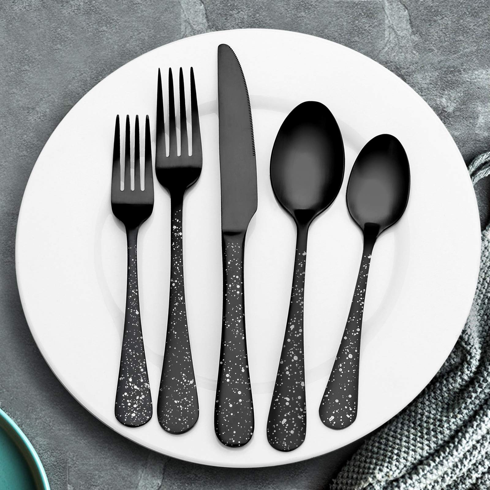 O.C.E. Matte Black Silverware Set, Stainless Steel Flatware Set, 20-Piece Tableware Cutlery Set Service for 4, Satin Finish Tableware Utensils Set, Dishwasher Safe (Starry White)
