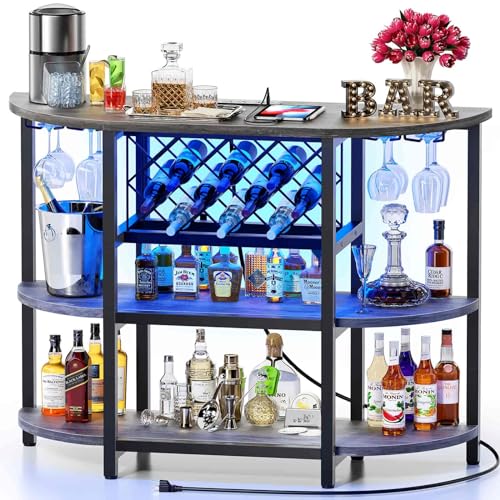 Zarler Bar Table Cabinet with Power Outlet, LED Home Mini Bar for Liquor and Glasses, Metal Wine Bar Stand with 4-Tier Storage, Grey