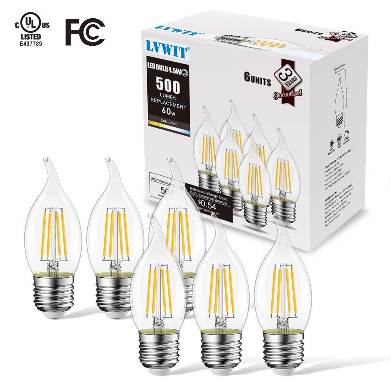 LVWIT Flame Tip LED Filament Bulb Candelabra E26 Base Dimmable 4.5W (60W Equivalent) B11 Chandelier Candle Light Bulb,2700K Warm White 6-Pack