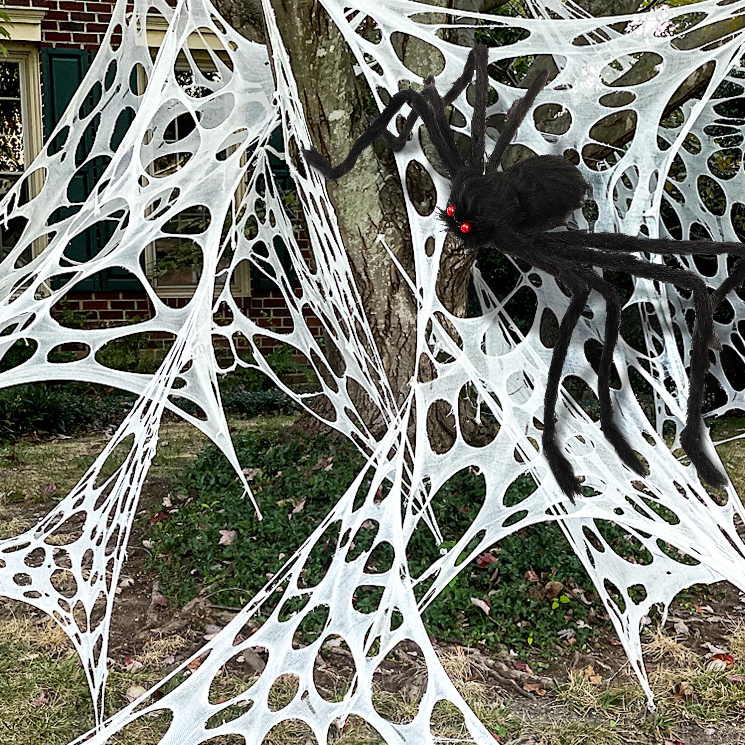LINAYE Giant Spider Webs with 49" Realistic Spider, 360 Sqft Stretchy Beef Netting with Large Scary Spider, Spider Web Cobwebs Halloween Decorations Decor for Outdoor Indoor Yard