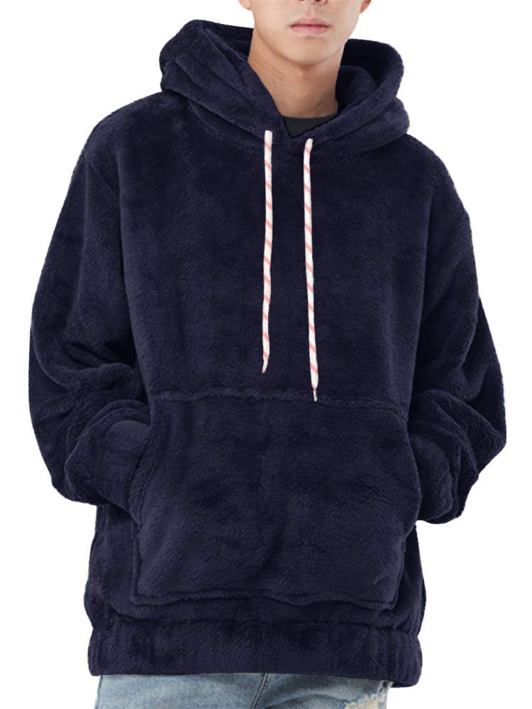 Mens Fleece Hoodies Sweatshirt Winter Warm Fuzzy Pullover Chunky Fluffy Outwear Navy Blue