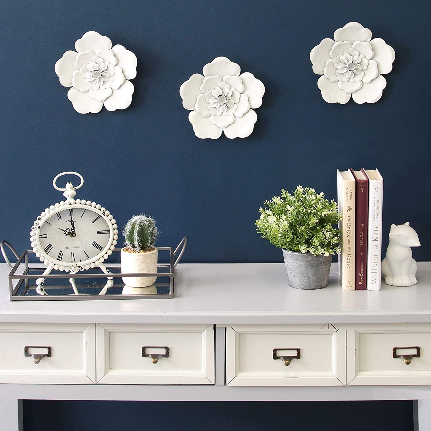 Metal Flower Wall Art Multiple Layer Decor for Indoor Outdoor Home Bedroom Living Room Office Garden Set of 3(White)