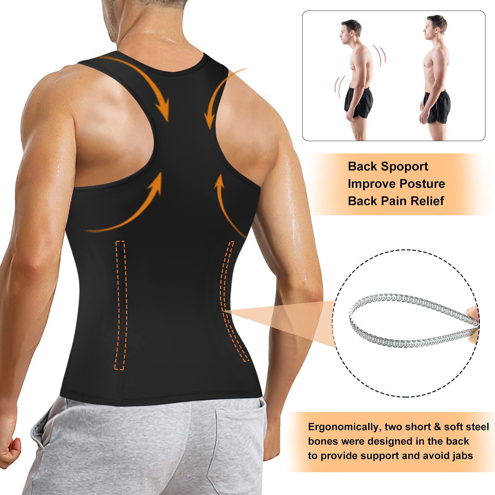 MOLUTAN Mens Compression Shirt Slimming Body Shaper Vest Sleeveless Waist Traner Workout Tank Top Tummy Control Shapewear (Black, Large)