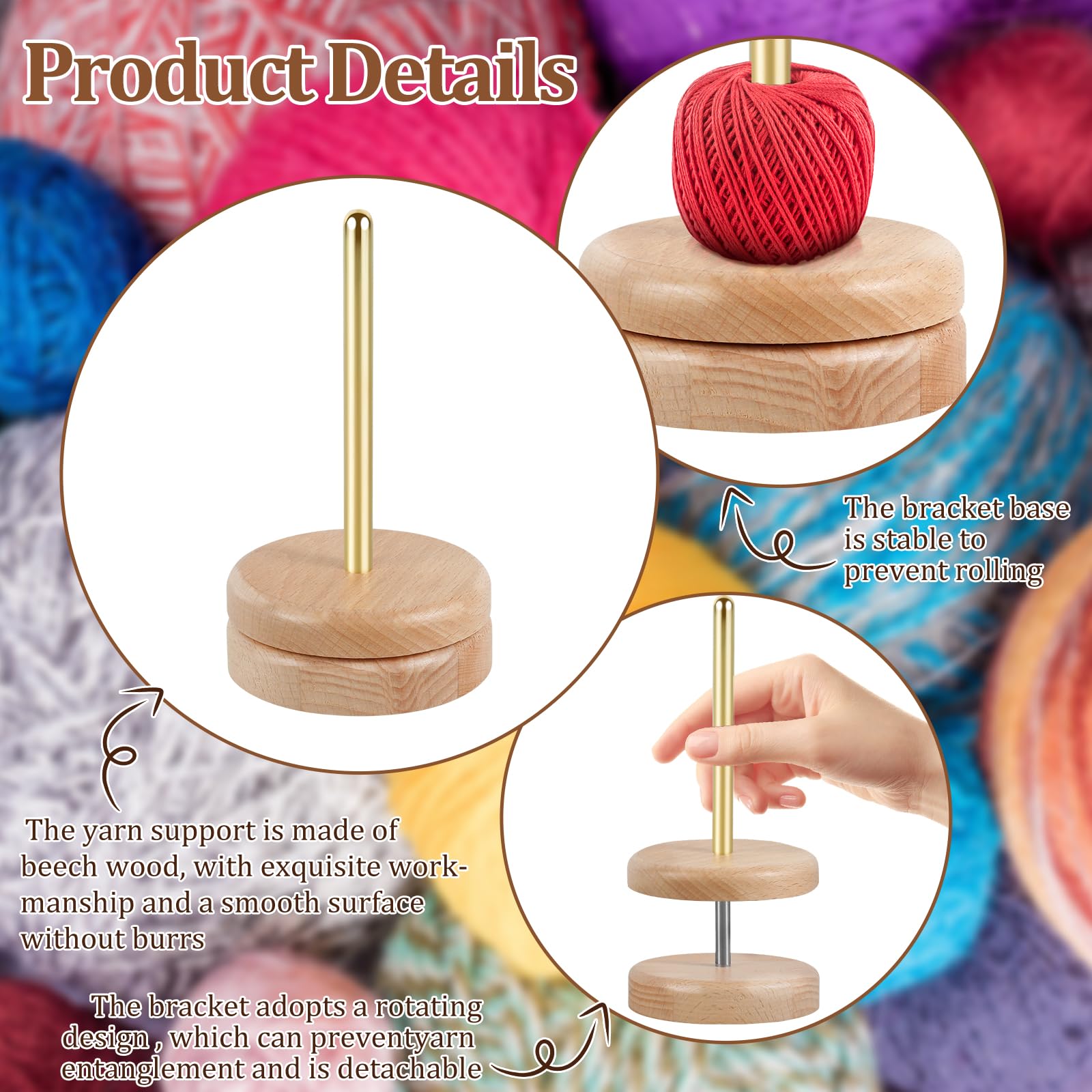 Wooden Yarn Holder Revolving Yarn Ball Stand Rotatable Beech Wood Yarn Skein Spinner Spindle Wooden Sewing Crocheting Tool Yarn Thread Holder Dispenser for Knitting