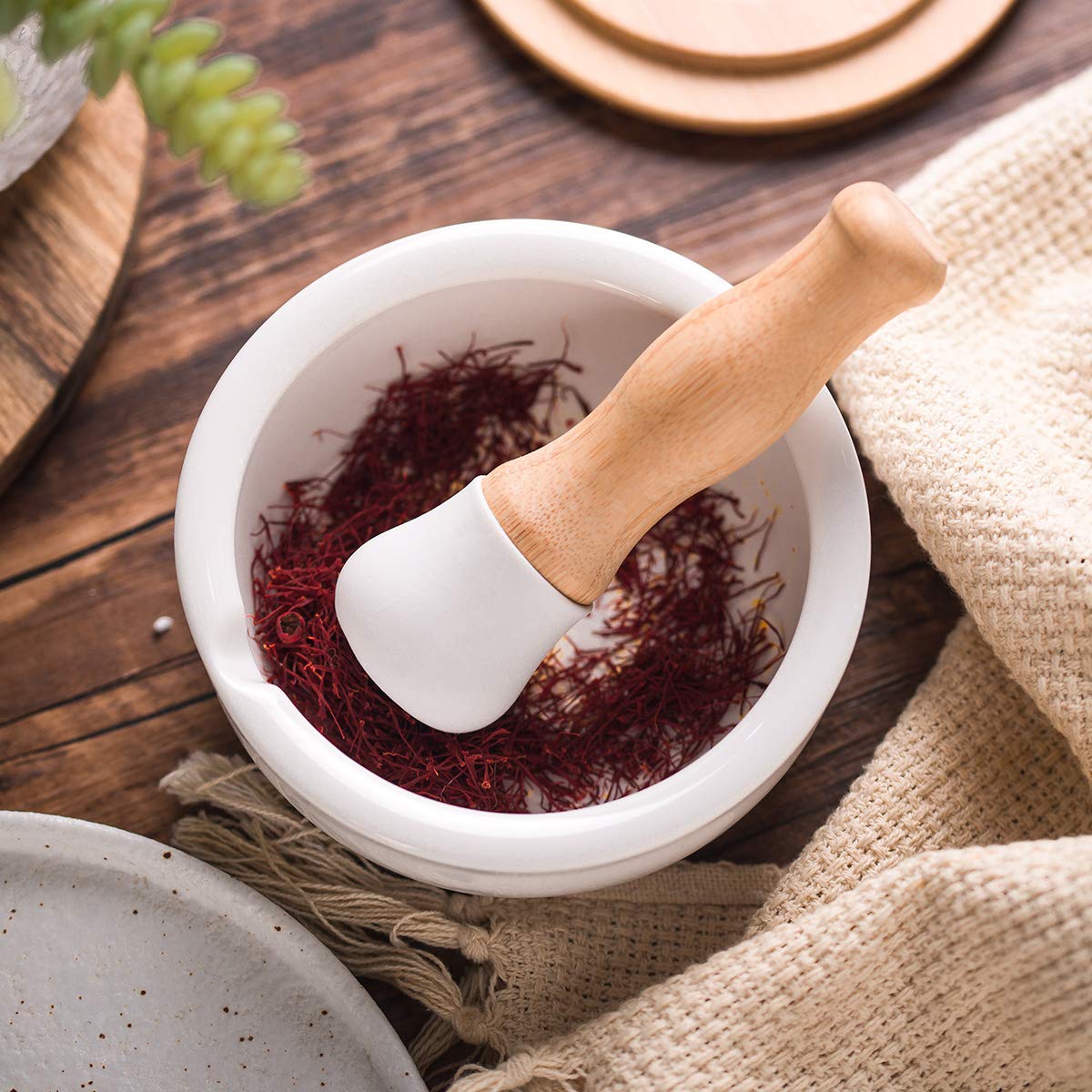 Porcelain Mortar and Pestle Set – Pill Crusher, Spice Grinder, Herb Bowl, Pesto Powder – Molcajete for Salt - Plus Lid/Non-Slip Base