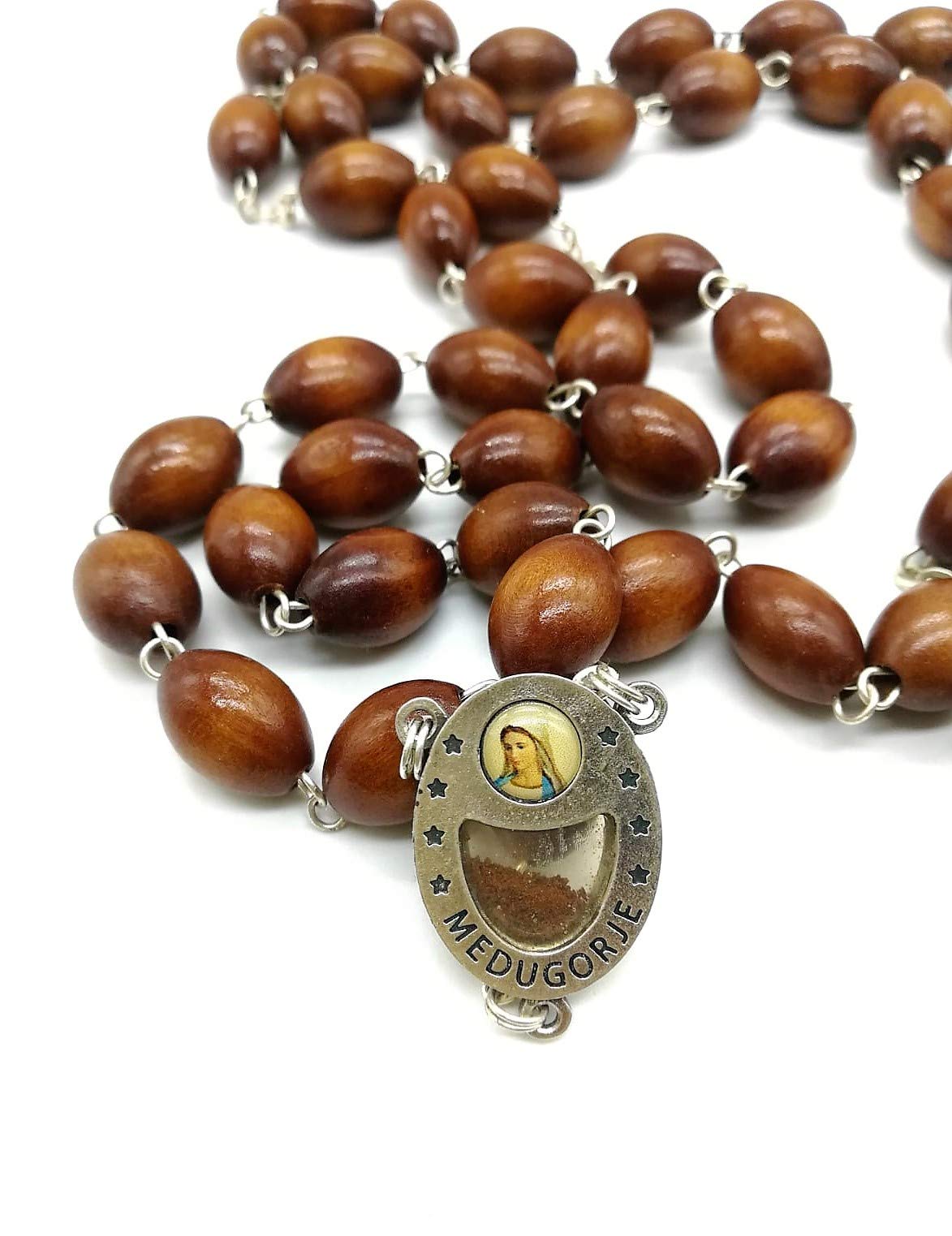 Medjugorje Rosary - Apparition Hill Soil, Wooden Beads St Benedict Catholic Rosary Necklace, Baptism Rosary Favors