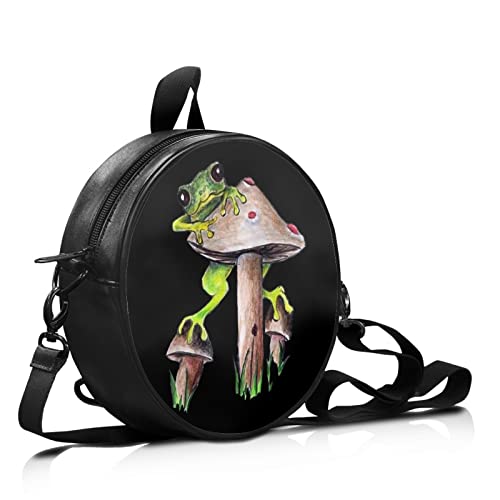 Poceacles Frog Round Crossbody Bag Purse Clutch for Women Cute Circle Purses Trendy Shoulder Handbag with Adjustable Shoulder Strap Leather Tote Knapsack