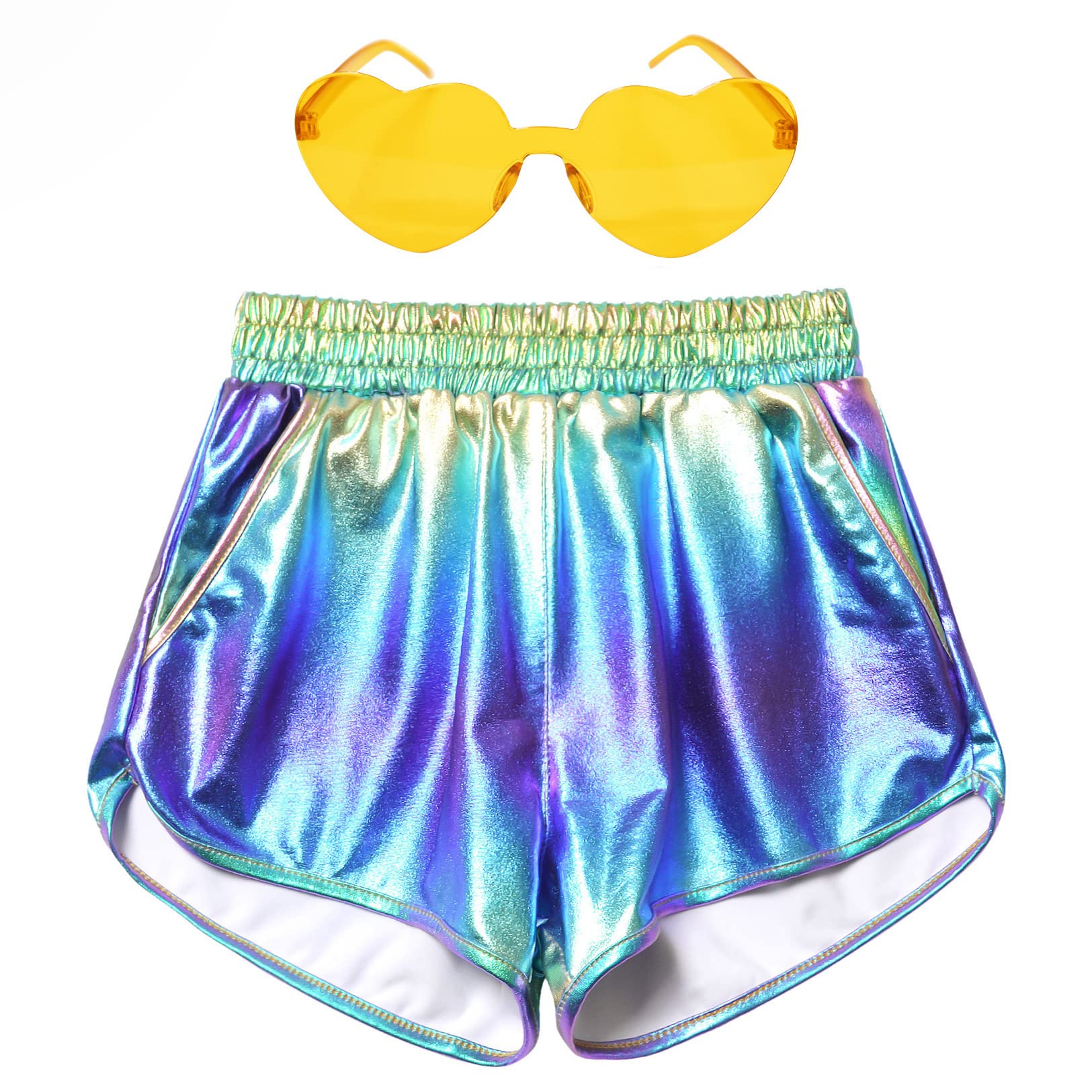 Metallic Shorts for Big Girls Dance Shorts Shiny Hot Pants 12 13 Rainbow with Sunglass