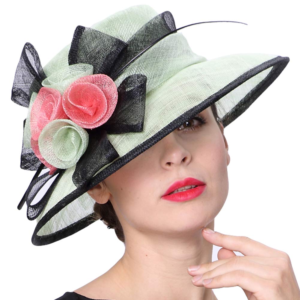 Koola's hats Women 3 Layers Sinamay Kentucky Derby Church Sun Summer Hats, Mint Black, One Size