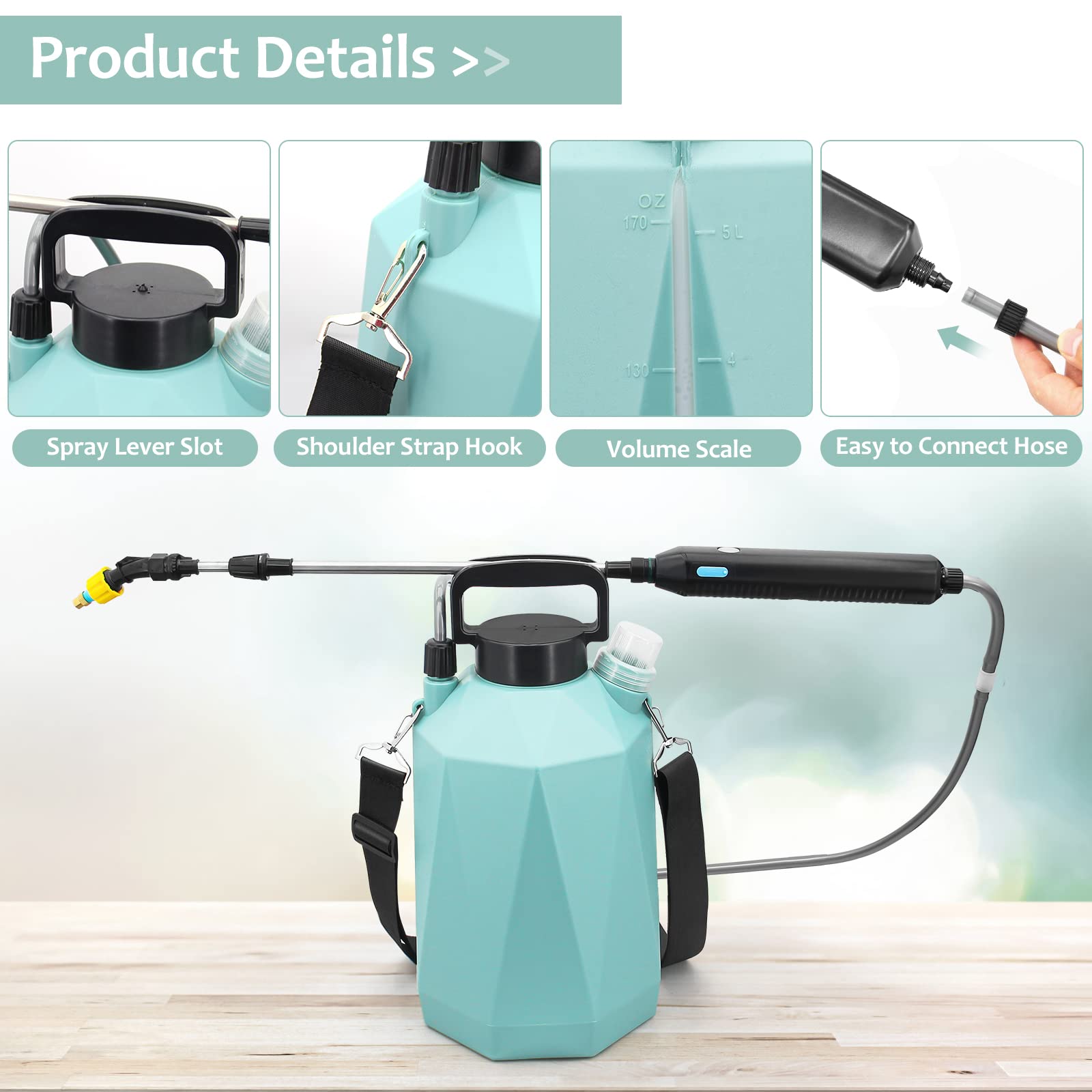 SideKing Battery Powered Sprayer 1.35Gallon/5L, Electric Garden Sprayer with USB Rechargeable Handle, Weed Sprayer with 3 Mist Nozzles, Telescopic Wand, and Shoulder Strap for Lawn and Garden