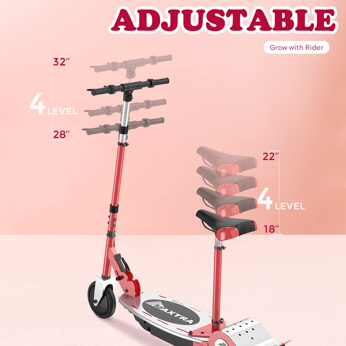 MAXTRA E120 Electric Scooter with Removable Seat, 60 Mins Long Battery Life & up to 10mph, Adjustable Height for Kids Ages 6-12