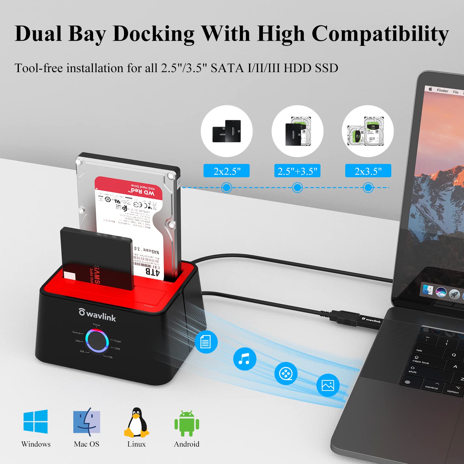 WAVLINK USB 3.0 to SATA External Hard Drive Docking Station,USB C Hard Drive Duplicator for Dual 2.5/3.5 Inch SSD HDD SATA Ⅱ/Ⅲ Support Tool-Free& 2×16TB &UASP with Offline Clone,Inculde Power Adapter
