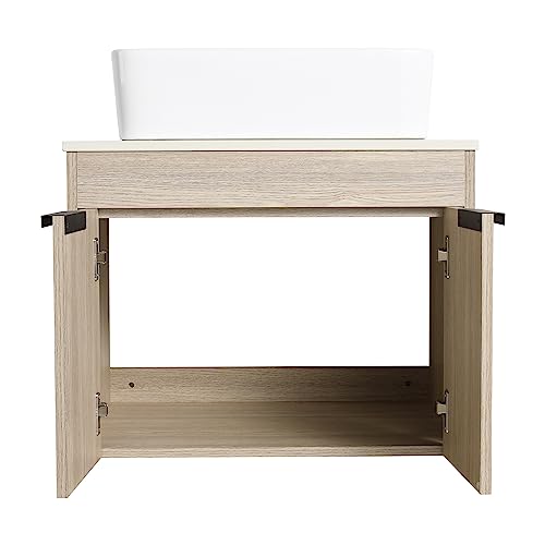 Lifeand 24" Modern Design Float Bathroom Ceramic Basin Set, Wall Mounted Vanity with Soft Close Door,2 Pieces Parcel,White Oak