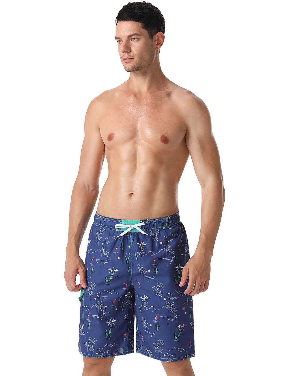 Nonwe Men's Swimming Shorts 9" Breathable Palm Tree Beach Shorts with Lining Blue 40