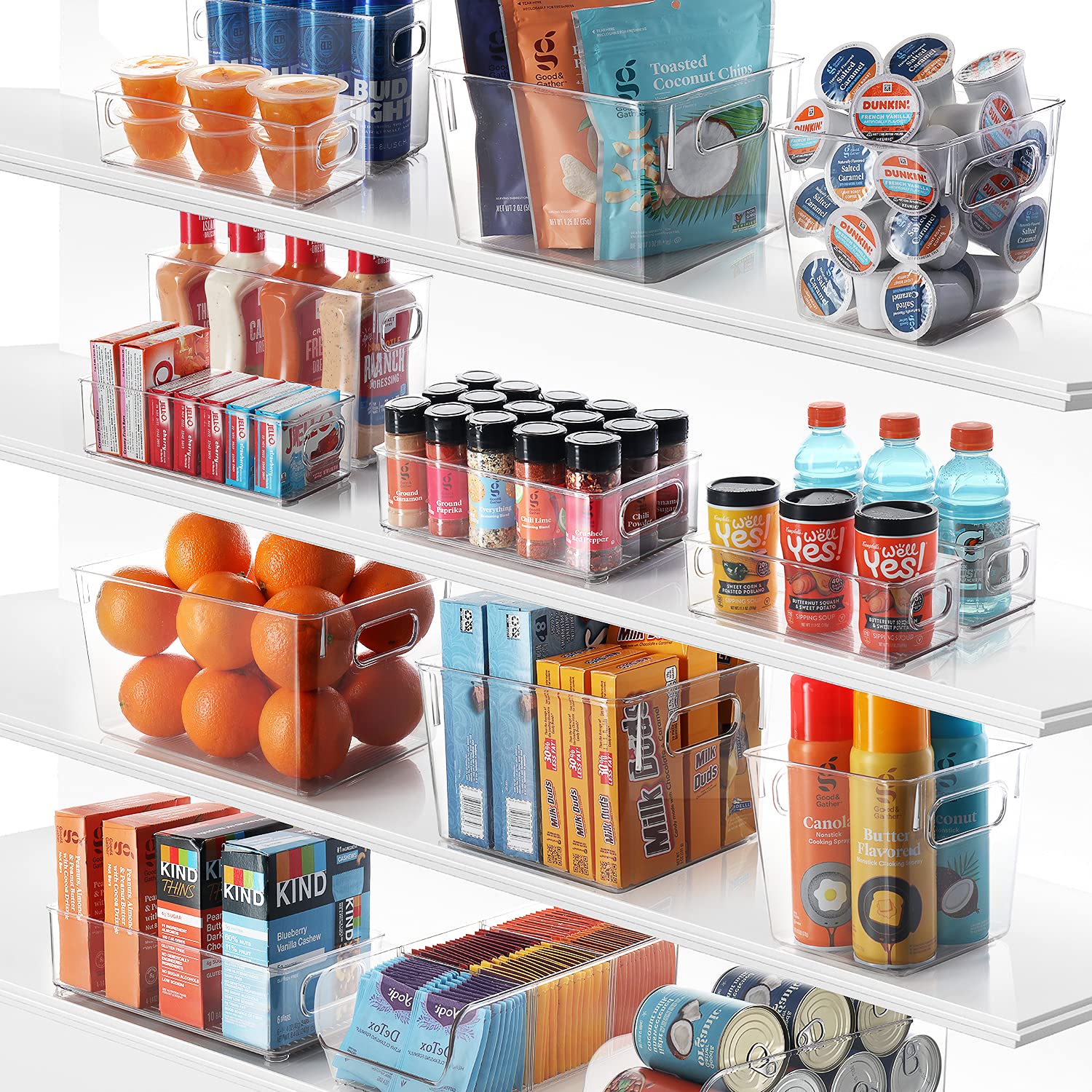 StorageBud Plastic Food Storage Bins with Handles, 4 Pack, Kitchen Pantry, Refrigerator, Cabinet Organizers for Dried Goods, Fruit, Pasta, or Snacks, Clear BPA Free Containers