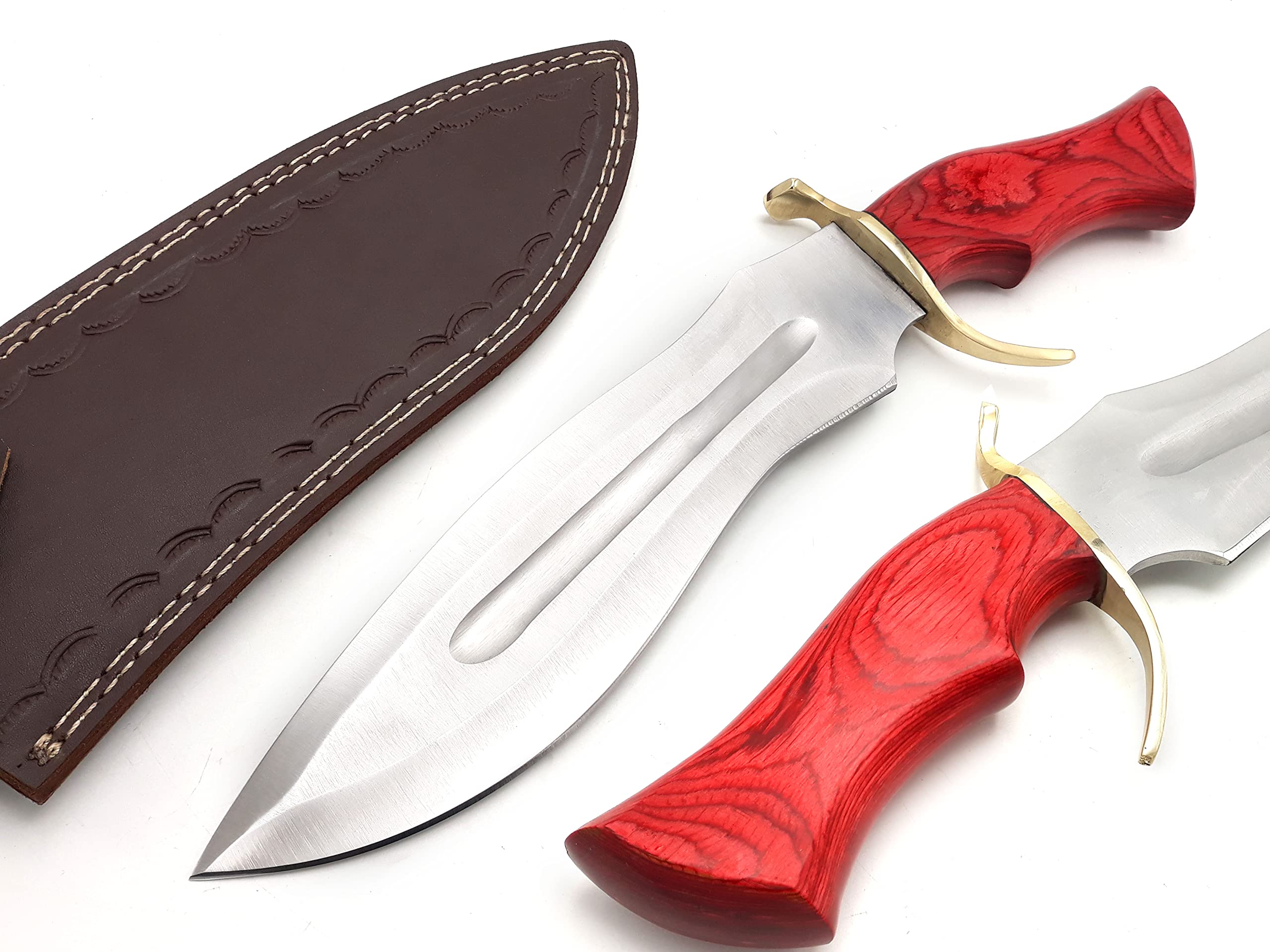Nooraki - 15.5" Handmade D2 Steel Fixed Blade Bowie Knife with Leather Sheath, Multipurpose Knife with Brass Guard and Red Pakka Wood Handle for Everyday Carry, Camping, Hunting