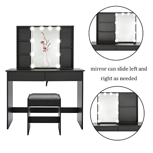 Makeup Vanity Desk with Sliding Lighted Mirror for Christmas Day, Makeup Table Vanity Desk with 2 Large Drawers, 3 Color Lighting Modes, Brightness Adjustable, Vanity Table for Women Girls, Black