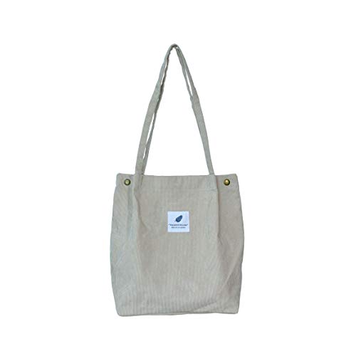 MODANA Corduroy Tote Shopping Bag with Interior Pocket, Reusable Washable and Ecofriendly, Perfect Totes for Shopping Travelling School and So on (Beige)