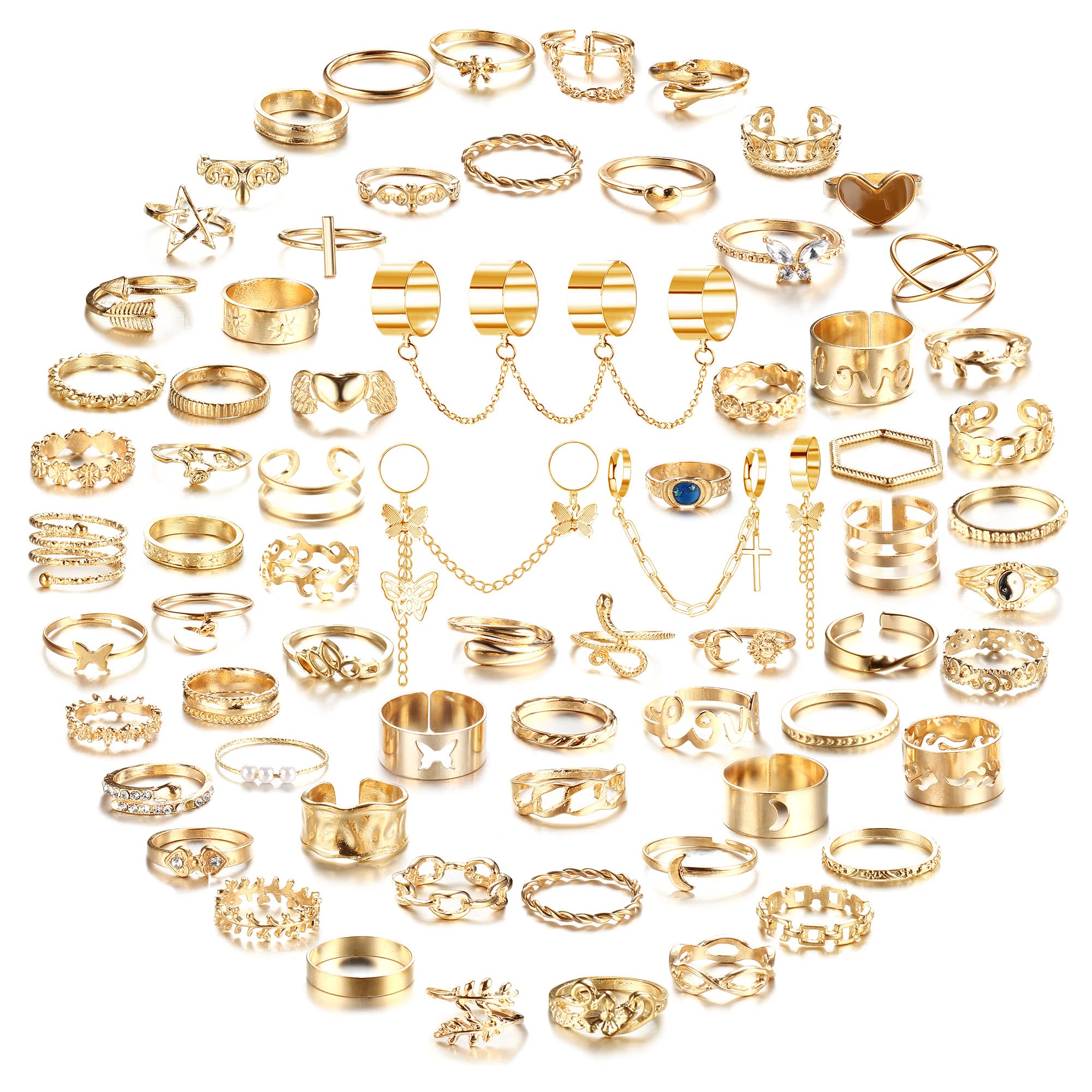 ORAZIO 70 Pcs Vintage Gold Knuckle Rings for Women Boho Stackable Rings Chain Snake Butterfly Finger Rings Trendy Aesthetic Adjustable Rings Pack
