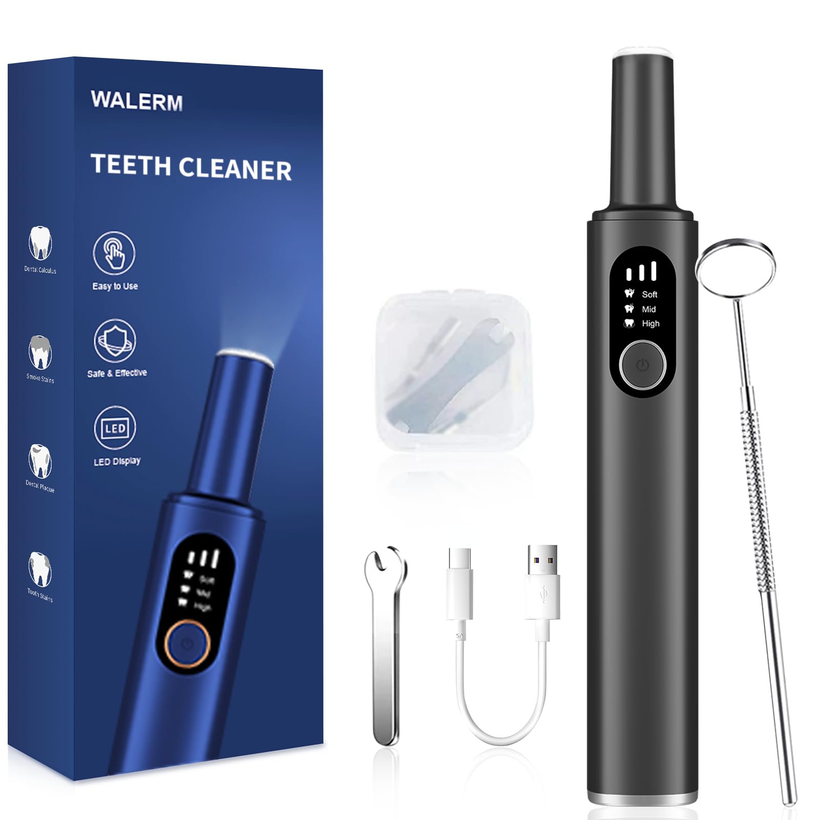 Teeth Cleaning Kit Plaque Remover, Mouth Mirror & Light, 4 Heads, 3 Modes, Rechargeable