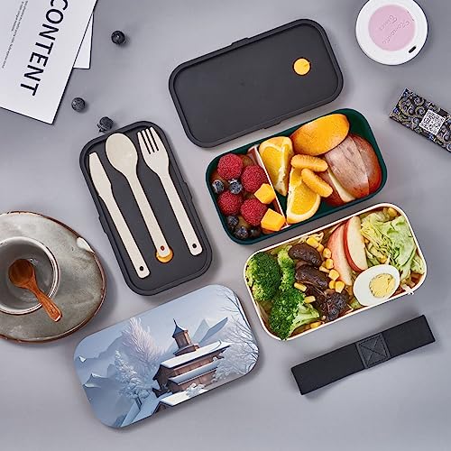 Winter Landscape Adult Lunch Box, Bento Box, With Cutlery Set Of 3, 2 Compartments, Rectangular, Lunch Box For Adults