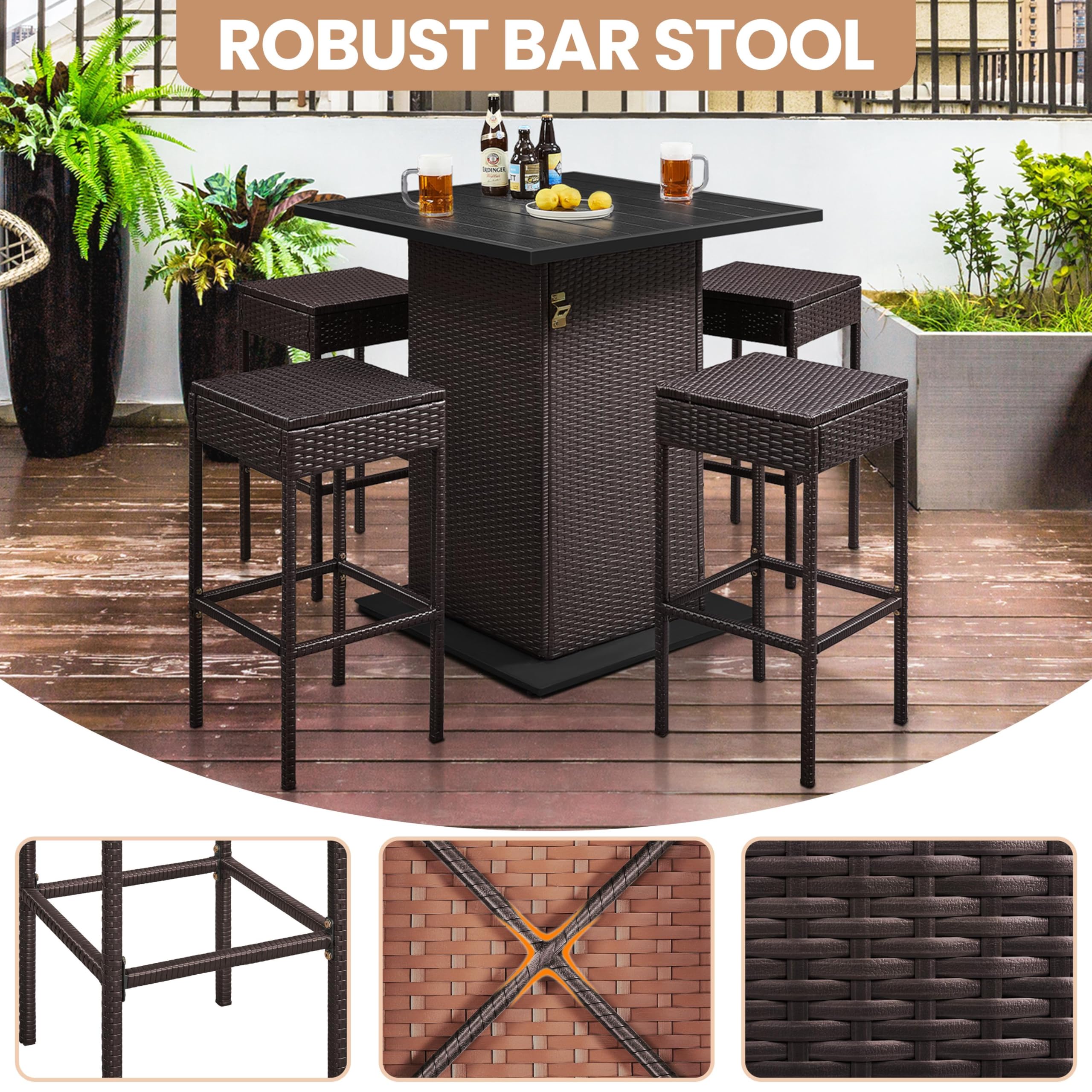 Yaheetech 5 Piece Rattan Bar Set, Outdoor Wicker Set 1 Bistro Table & 4 Stools - PE Patio Rattan Table w/Closed Storage Cabinet & Built-in Bottle Opener, and 4 Square PE Rattan Bar Stools