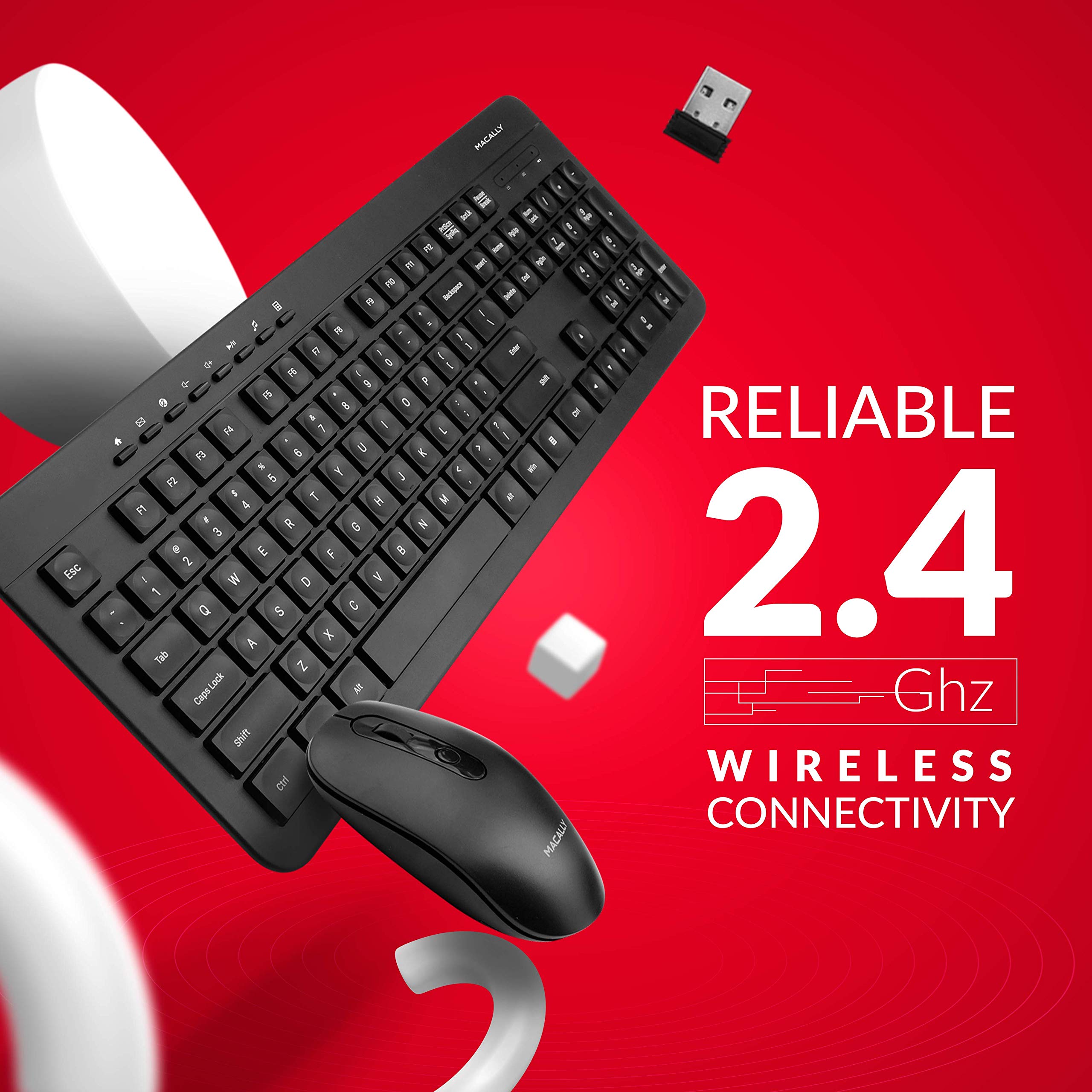 Macally Wireless Keyboard and Mouse Combo - 2.4G Ergonomic Wireless Mouse and Keyboard for Laptop and Desktop - Cordless Keyboard Mouse Combo Designed for Windows PC with USB, Plug & Play Full Size