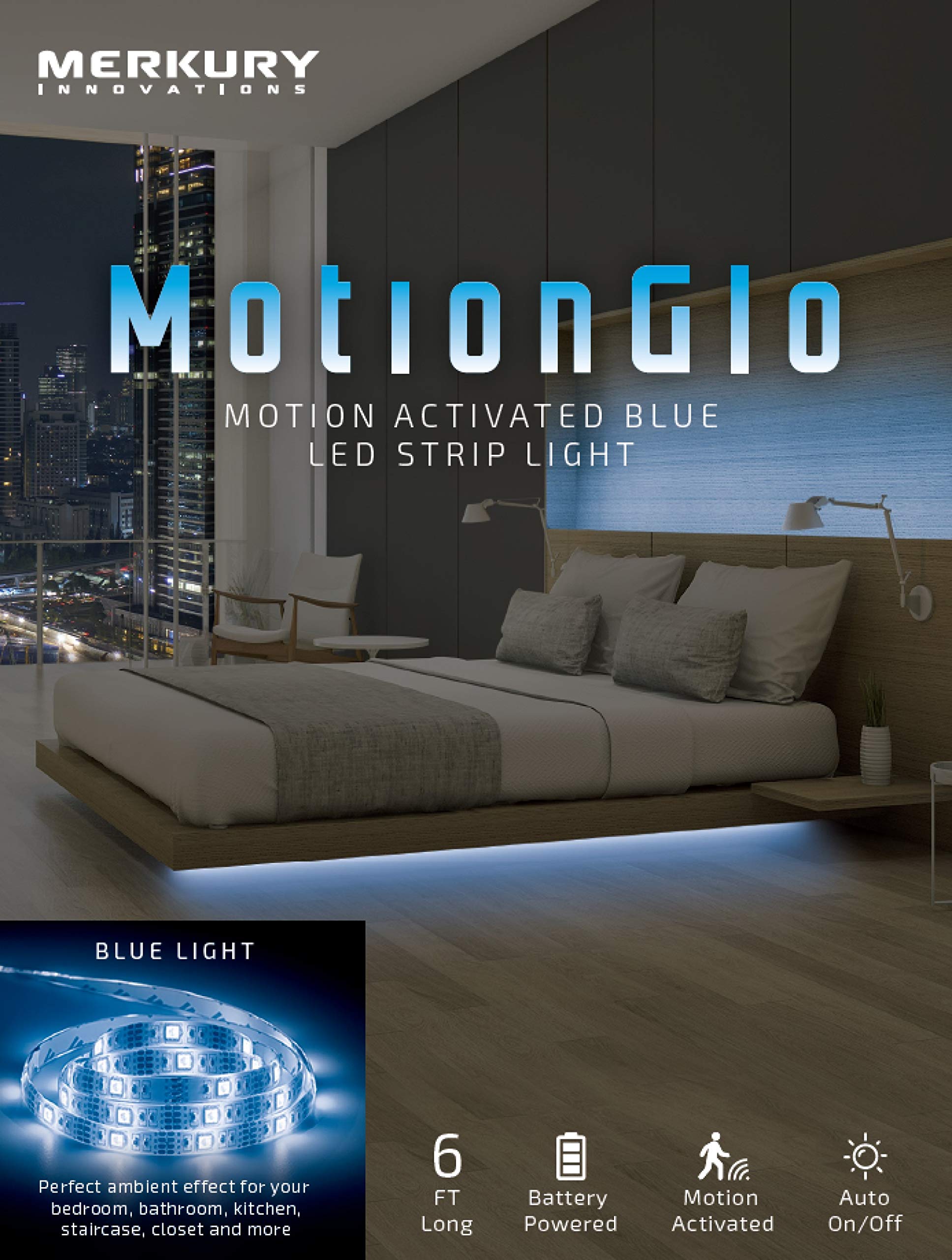 Merkury Innovations Motion Glo Motion Activated Blue LED Strip Light-Battery Operated LED Under Cabinet Lighting Motion Sensor, 6 Ft for Bed Stairs Wardrobe Lamp Tape, LED Closet Night Strip Light