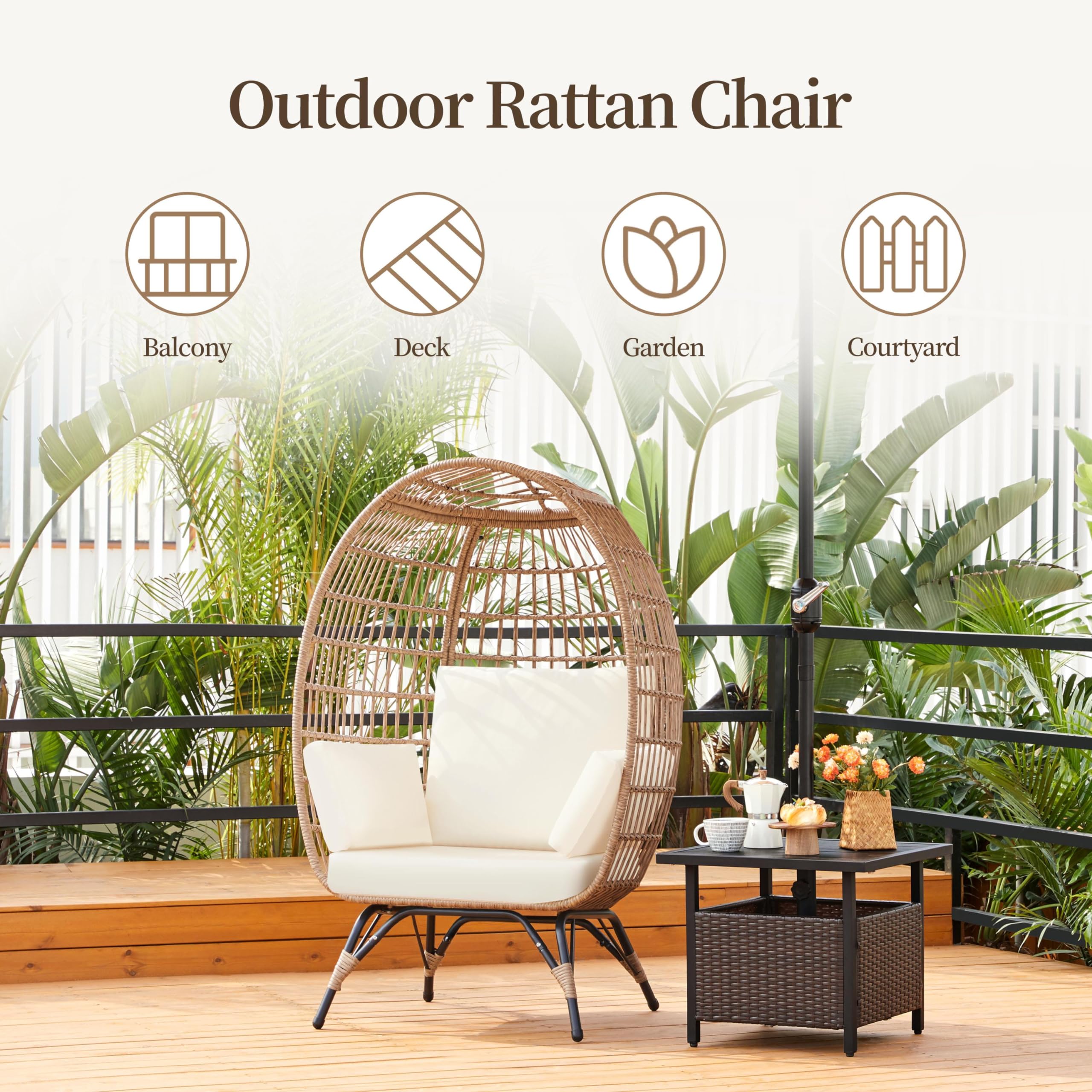 Yaheetech Egg Rattan Chair, Indoor/Outdoor PE Rattan Egg Basket Lounge Chair w/ 4 Cushions, Oversized Egg-Shaped Chair w/Metal Frame Stand for Patio, Backyard, Living Room - Light Brown/Ivory