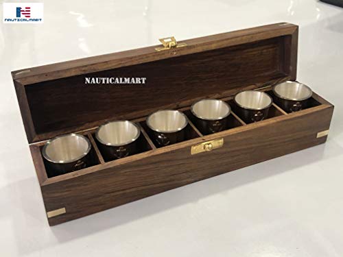 Nautical-Mart Brass Tequila Shot Glass with Anchor Monogram in Handmade Wooden Box β Six Glass Set